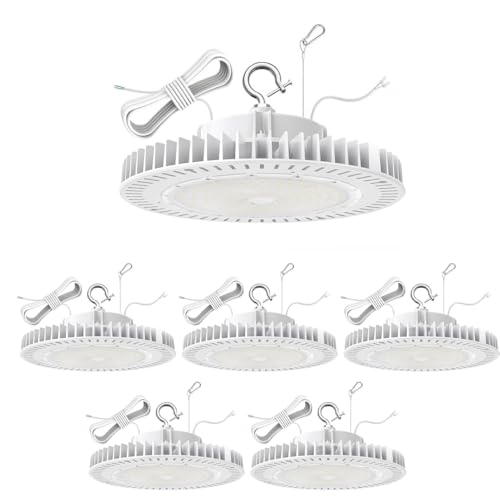 200W LED UFO High Bay Light, White, 5000K, 100-277VAC, Commercial Bay Lighting, 0-10V Dimmable, Industrial High Bay, LED UFO Light for Warehouse, Shop, Garage UL/cUL and DLC Listed (6-Pack)