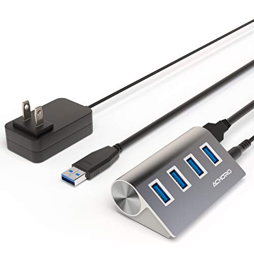ACHORO 4 Ports Computer USB Hub & Data Transfer Powered USB 3.0 Hub - Premium Quality Extra USB Ports - Aluminium Alloy External USB Port for Computer, Mac, PCs - High-Speed Powered USB Hub (Silver)