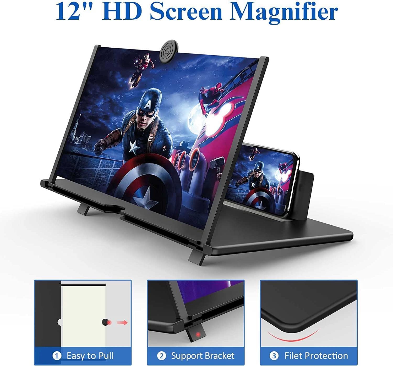 12" Screen Magnifier for Cell Phone – 3D HD Magnifing Screen Enlarger Projector for Movies Videos and Gaming – Foldable Phone Stand Holder with Screen Amplifier–Supports All Smartphones (Black-12inch)
