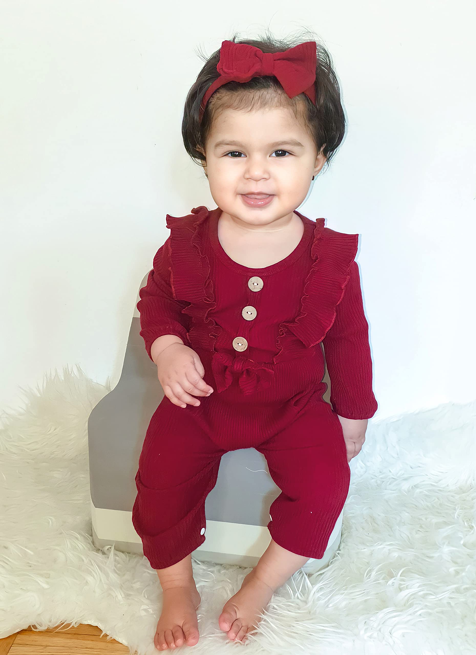 nilikastta Baby Girls Clothes Newborn Infant Ruffle Long Sleeve Romper Jumpsuit(Wine Red2,0-3M)
