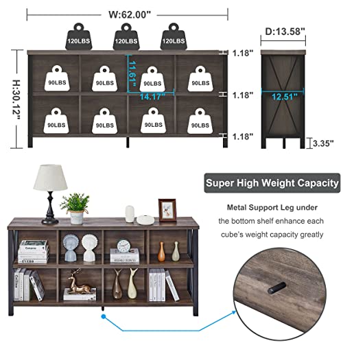 FATORRI 8 Cube Storage Organizer Bookshelf, Rustic Wood Cubby Bookcase, Industrial Horizontal Long Shelf for Living Room (Walnut Brown, 62 Inch)