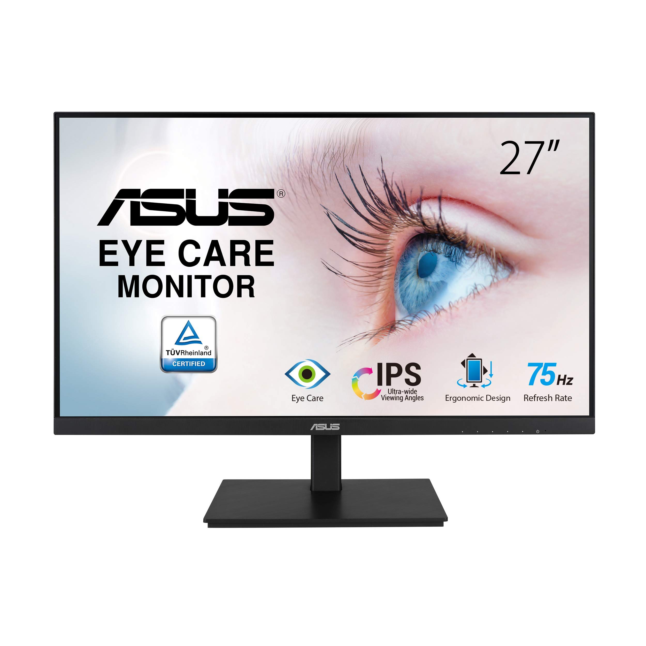ASUS VA27DQSB 27” Monitor, 1080P Full HD, 75Hz, IPS, Adaptive-Sync, Eye Care, HDMI DisplayPort VGA USB Hub, Frameless, Ergonomic Design, VESA Wall Mountable (Renewed)