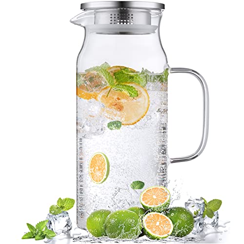 2 Liter 68 oz Glass Pitcher with Lid and Spout, Bivvclaz Glass Water Pitcher for Fridge, Glass Carafe for Hot/Cold Water, Iced Tea Pitcher, Large Pitcher for Coffee, Juice and Homemade Beverage