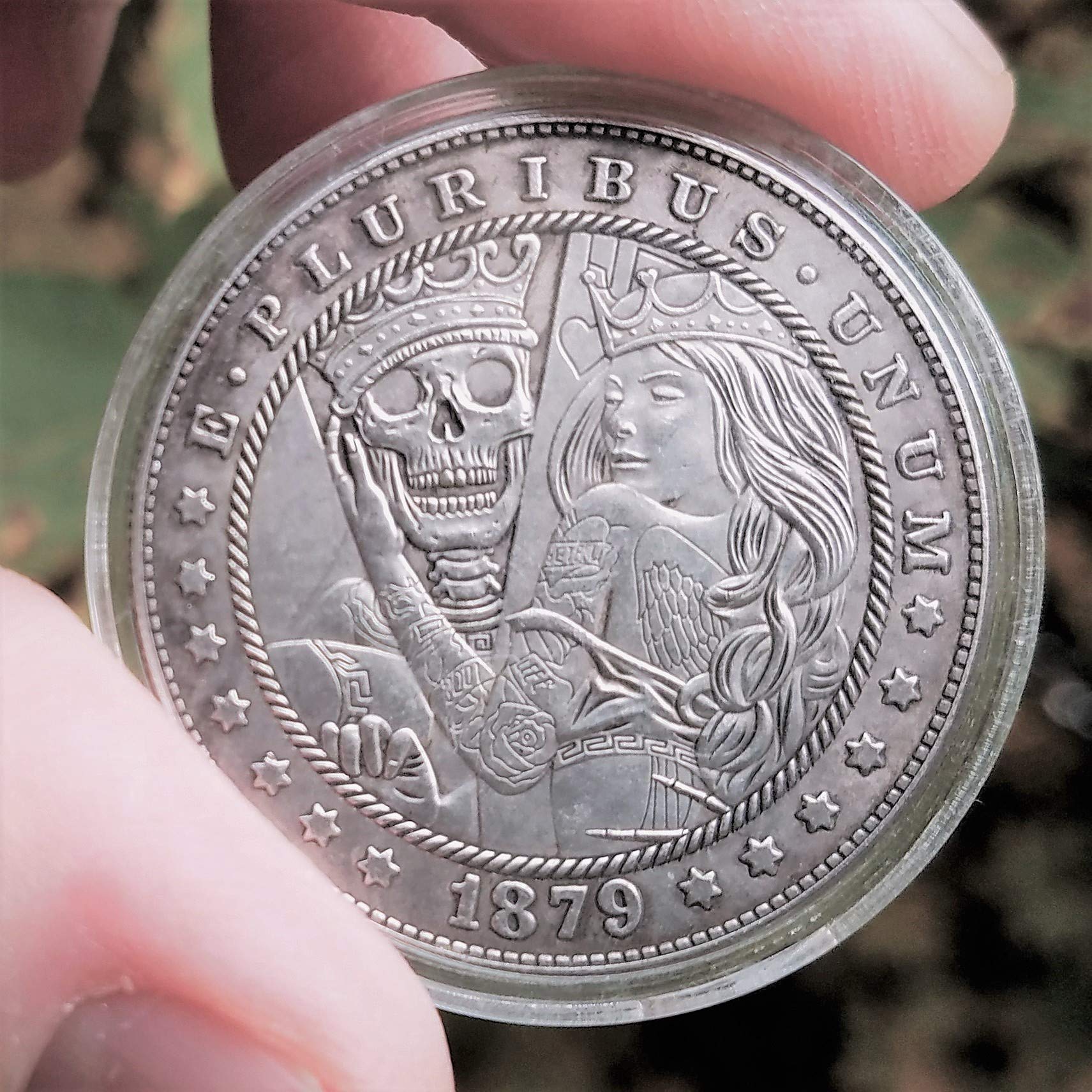 1879 Tattoo Princess with Her Skeleton King Art Coin Replica Morgan Silver Dollar Carson City Mint Mark 1.5" (38mm) Collectible with Protective Capsule and Display Stand β Comes with Display Stand