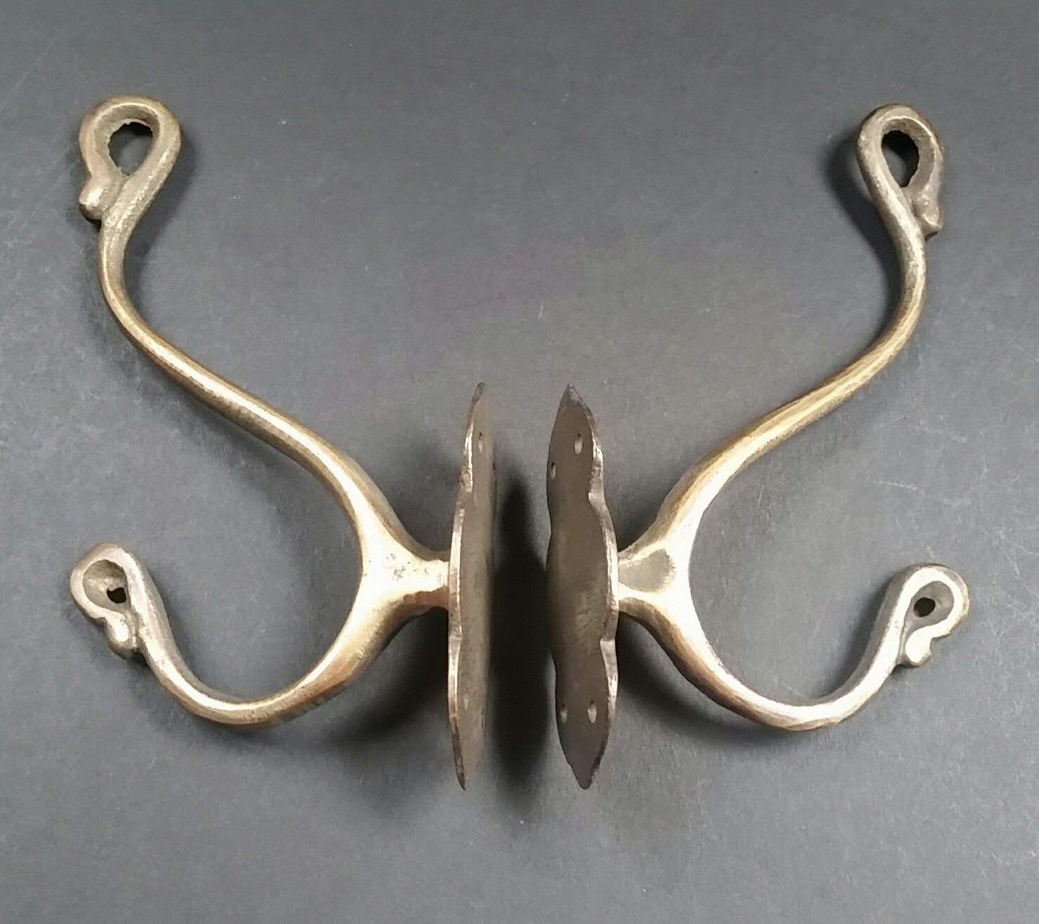 2 Large Solid Brass Vintage Antique Style Ornate Double Coat Hat Towel Hooks 6" #C11