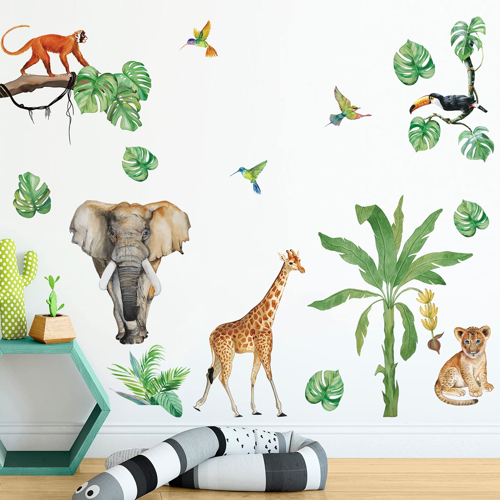 decalmile Jungle Elephant Animals Wall Sticker Safari Giraffe Tropical Plant Wall Decoration Living Room Baby Nursery Bedroom Children