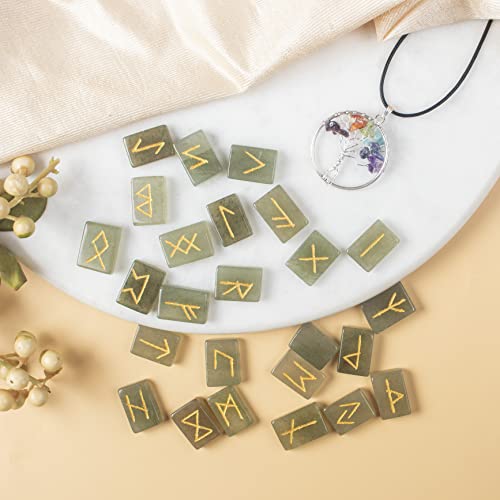 BEZAVO Green Jade Rune Stones with Pendant Silver Ring, 25 pcs Rune Stone with Engraved Elder Futhark Chakra Runes Crystal Set, Viking, Divine Meditation Witchcraft Reiki Supplies Gift for Home Decor