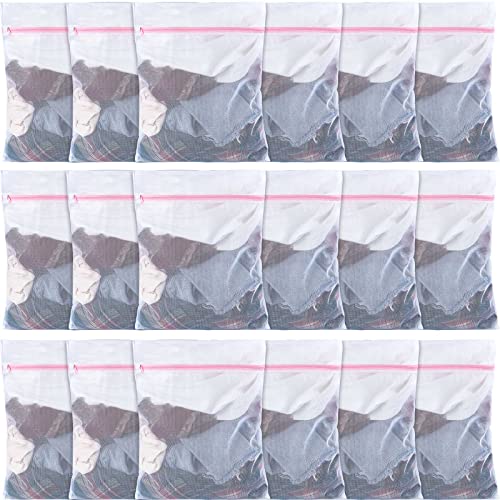 18 Pcs Fine Mesh Laundry Bags White Mesh Wash Bag Washing Machine Zipper Net Lingerie Bags for Washing Delicates Clothes Garment Underwear Blouse Hosiery Stocking Travel (Pink Zipper, 16 x 20 Inch)