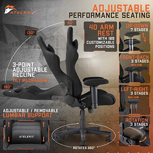 Atelerix Ventris Noir Gaming Chair - Use as Desk, Office or Computer - Tilting Mechanism and Ergonomic Adjustable Swivel Game Chair w/ 4D Armrests & Armrest Covers, Headrest and Lumbar Support