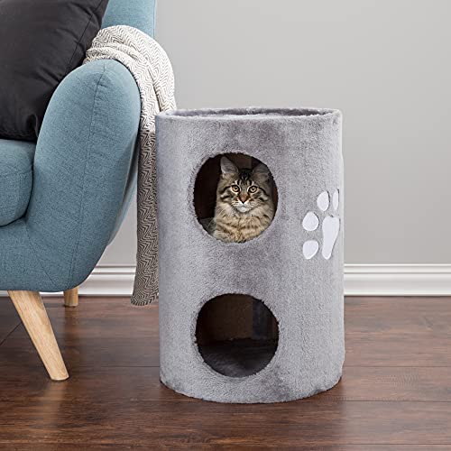 20.5-Inch Cat Condo β 2 Story Cat House with Sisal Scratch Pad, Barrel Shaped Pet House Covered in Soft Fabric by PETMAKER (Gray)