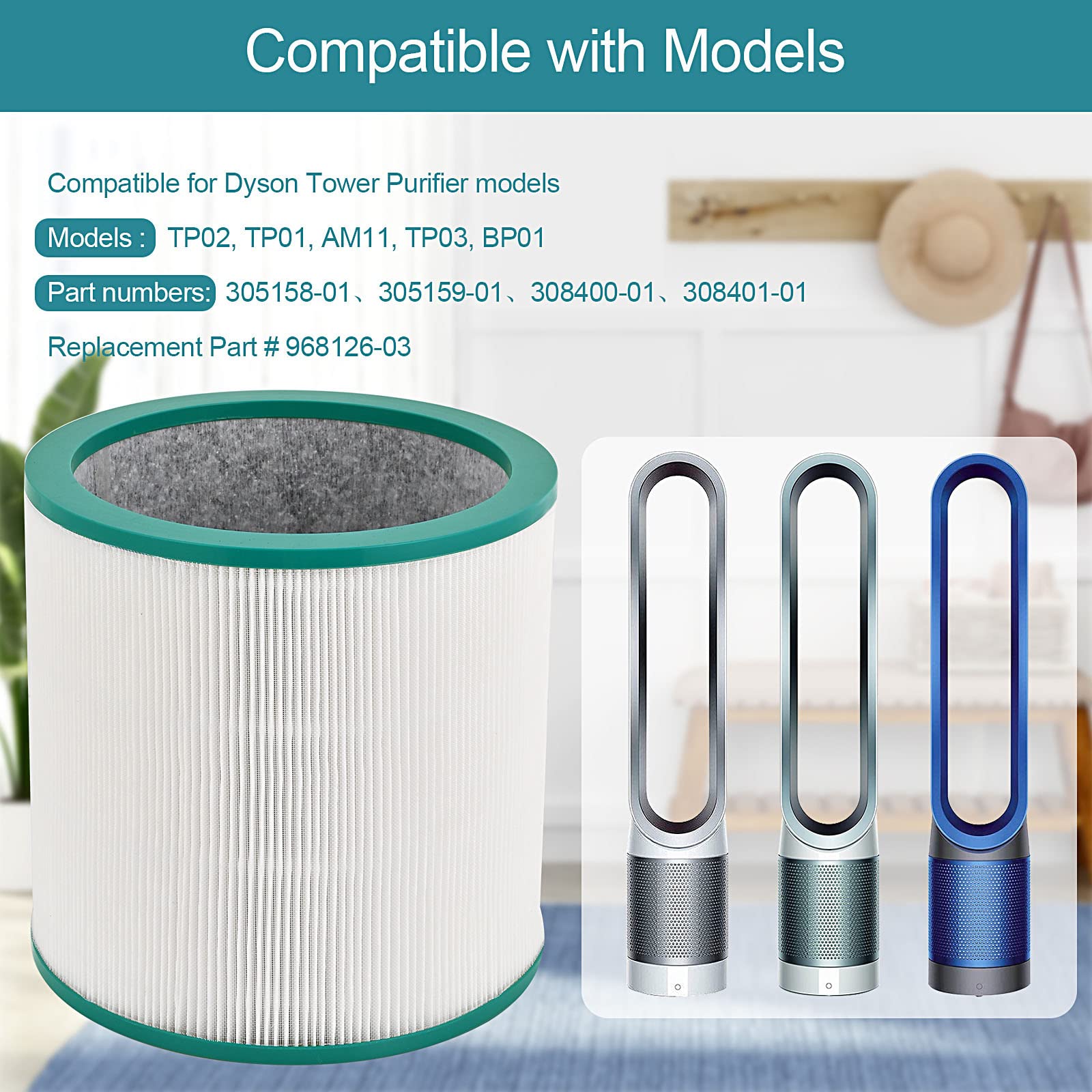 2 Pack Dyson TP02 Air Purifier True HEPA Filters Replacement for Dyson Pure Cool Link TP01, TP02, TP03, AM11, BP01 Tower Air Purifier, Compare to Part # 968126-03 2 Pack TP02 Air Purifier True Filters