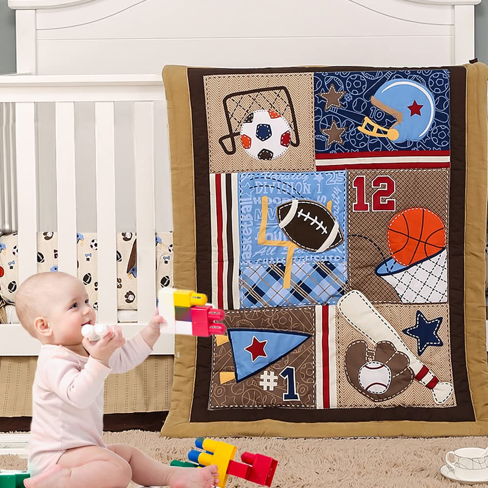 Brandream Crib Bedding Sets for Boys Happy Friends and Family Time - Sport Bedding Set | 3-Piece Nursery Set | Baby Quilt, Fitted Crib Sheet, Crib Skirt Included