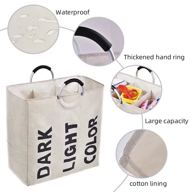 110L Large Laundry Basket Hamper with Handles - 3 Section Collapsible Oxford Fabric Laundry Bag, Waterproof Washing Bin Dirty Clothes Laundry Hamper for Bedroom Bathroom (Beige)