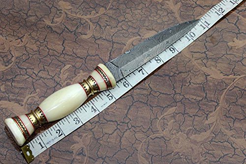 11" Custom made Hand Forged Damascus steel Dagger hunting Knife, Round grip Camel Bone scale crafted with engraved brass spacer, Cow hide Leather Sheath included with belt loop