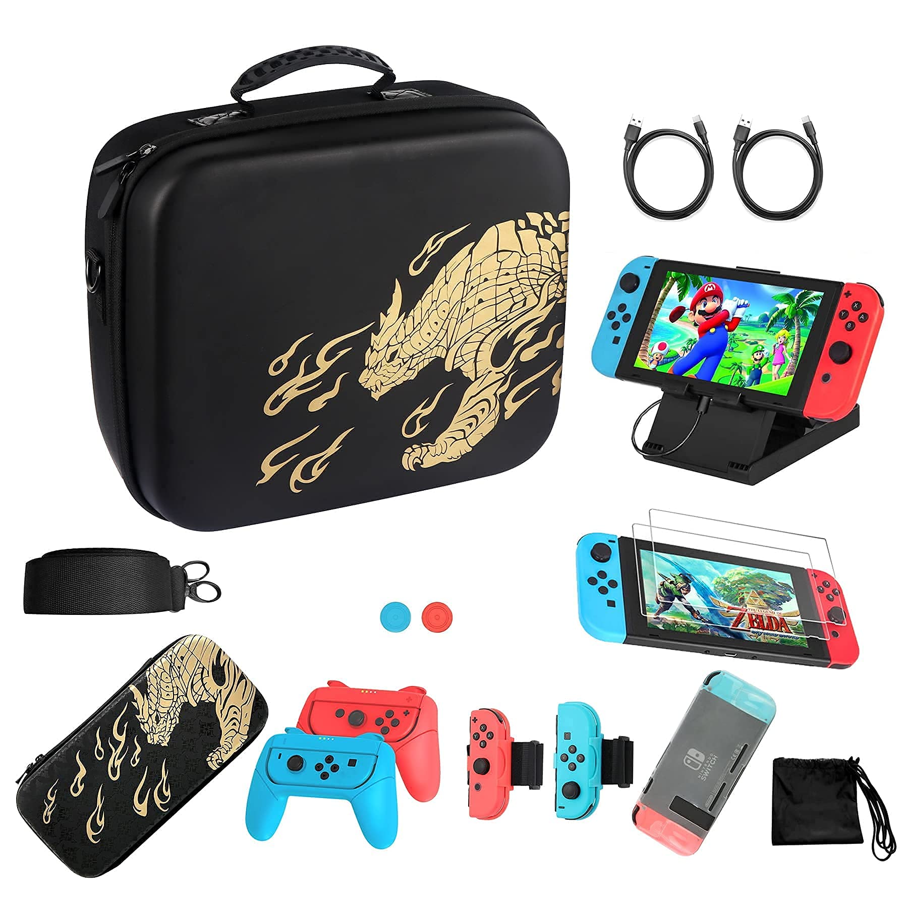 17 in 1 Switch Carrying Case Accessories Bundle Kit: Monster Hunter Rise Carry Case, Joycon Grip, Wristband, TPU Protective Cover, Playstand, Screen Protector, Ring-con Storage Bag, Game Card Box Etc.