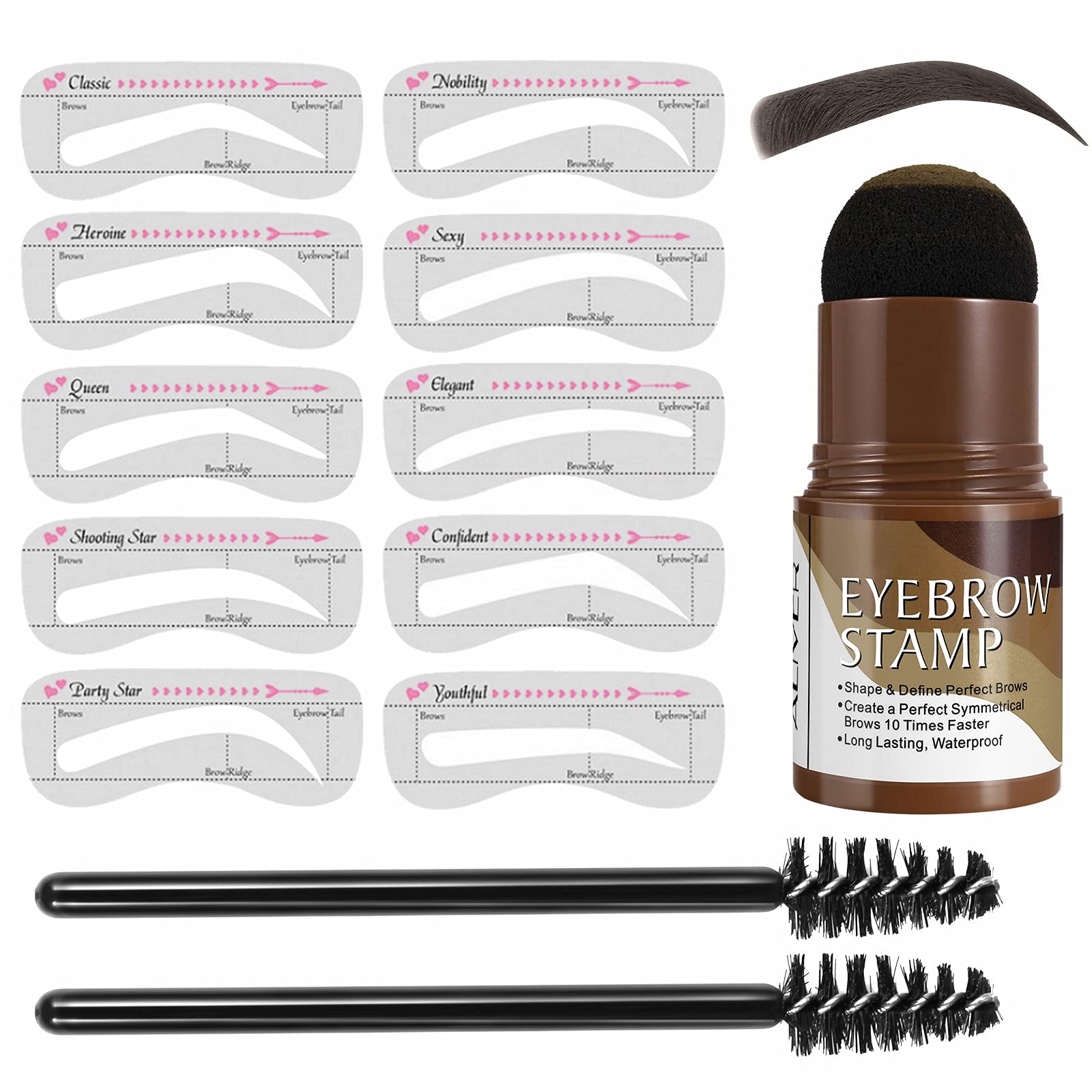 Eyebrow Stamp Stencil Kit, contains 10 reusable molds, and 2 small pencil brushes, Waterproof Brow Stamp and Shaping Kit, professional eyebrow styling tools (dark brown)