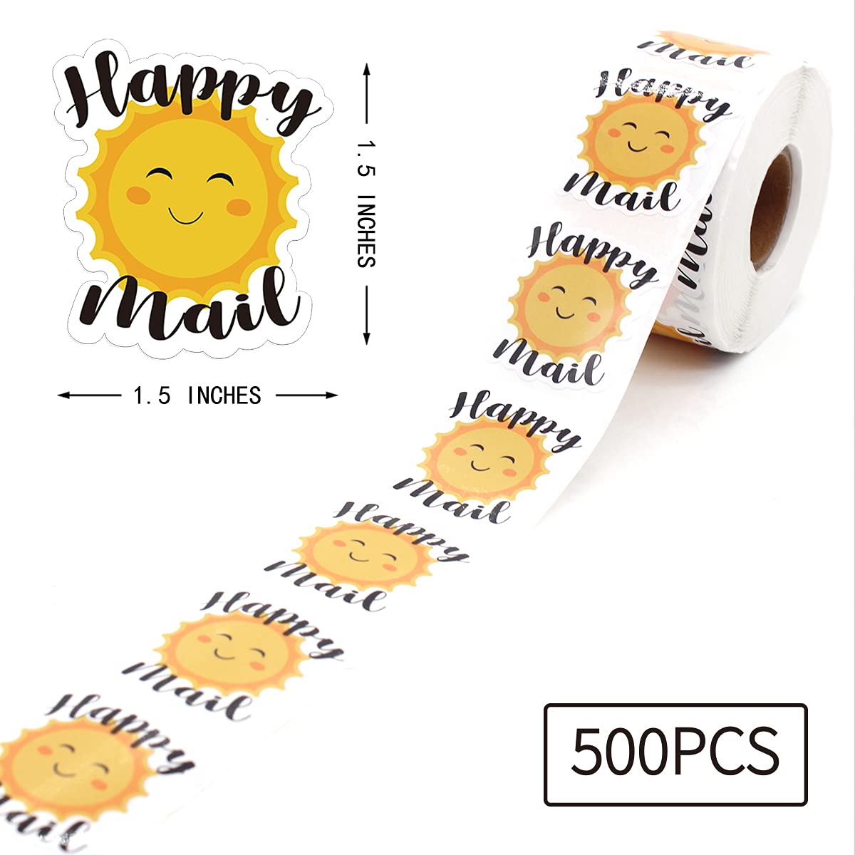 Littlefa 1.5” Happy Mail with Sun Design Stickers,Mail Stickers,Bakeries Stickers,Handmade Stickers,Small Business Stickers, Envelopes Stickers, Gift Bags Packaging 500 PCS