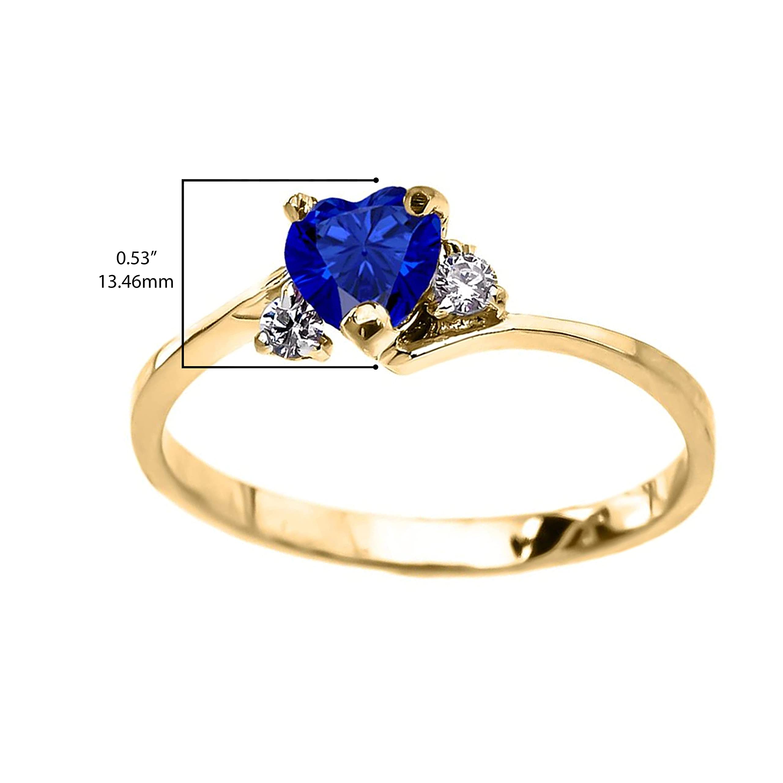 10K Yellow Gold Heart Cut Lab Grown Blue Sapphire & White Cubic Zirconia Three Stone Bypass Band September Birthstone Engagement Ring - Size 7