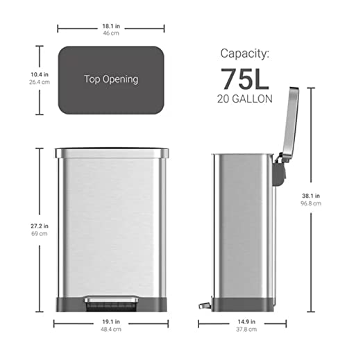 20 Gallon Trash Can, Stainless Steel Step On Trash Can, Hands-Free Trash Can with Lid and Foot Pedal, Garbage Can Wastebasket Bin for Kitchen, Home Office