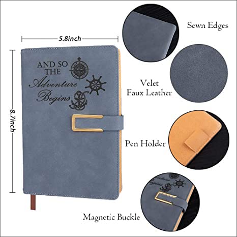 Refillable Adventure Writing Journal For Men & Women Faux Leather Hardcover Notebook A5 College Ruled 200 Lined Pages Lay-Flat Personal Diary With Pen & Magnetic Buckle (Adventure - Blue)