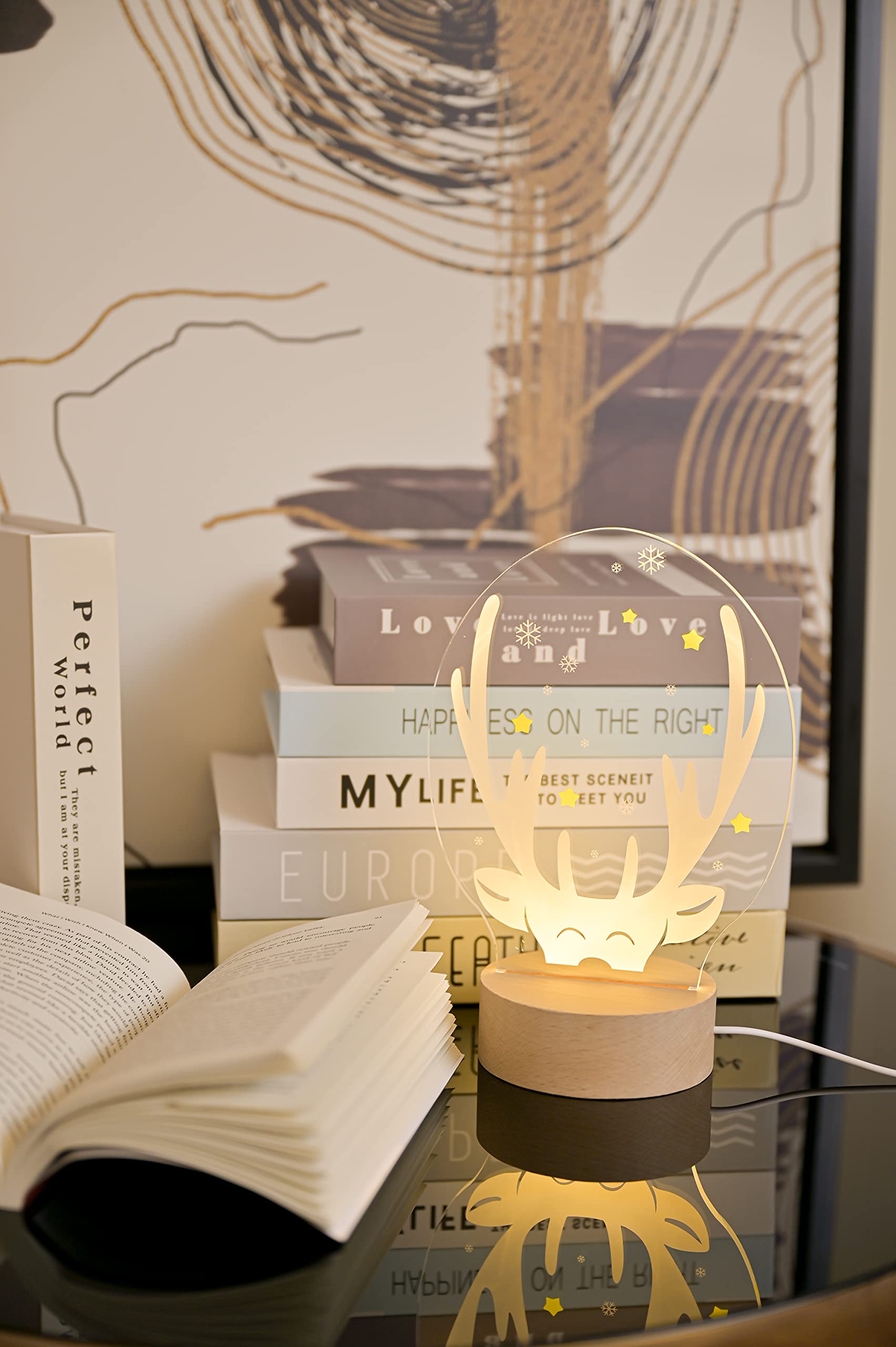 MYTH REALM Elk Rechargeable 3D Illusion Night Light with Beech Stand, LED Decoration Lamp, 4 Options Gifts for Kids Friends Family(Elk)