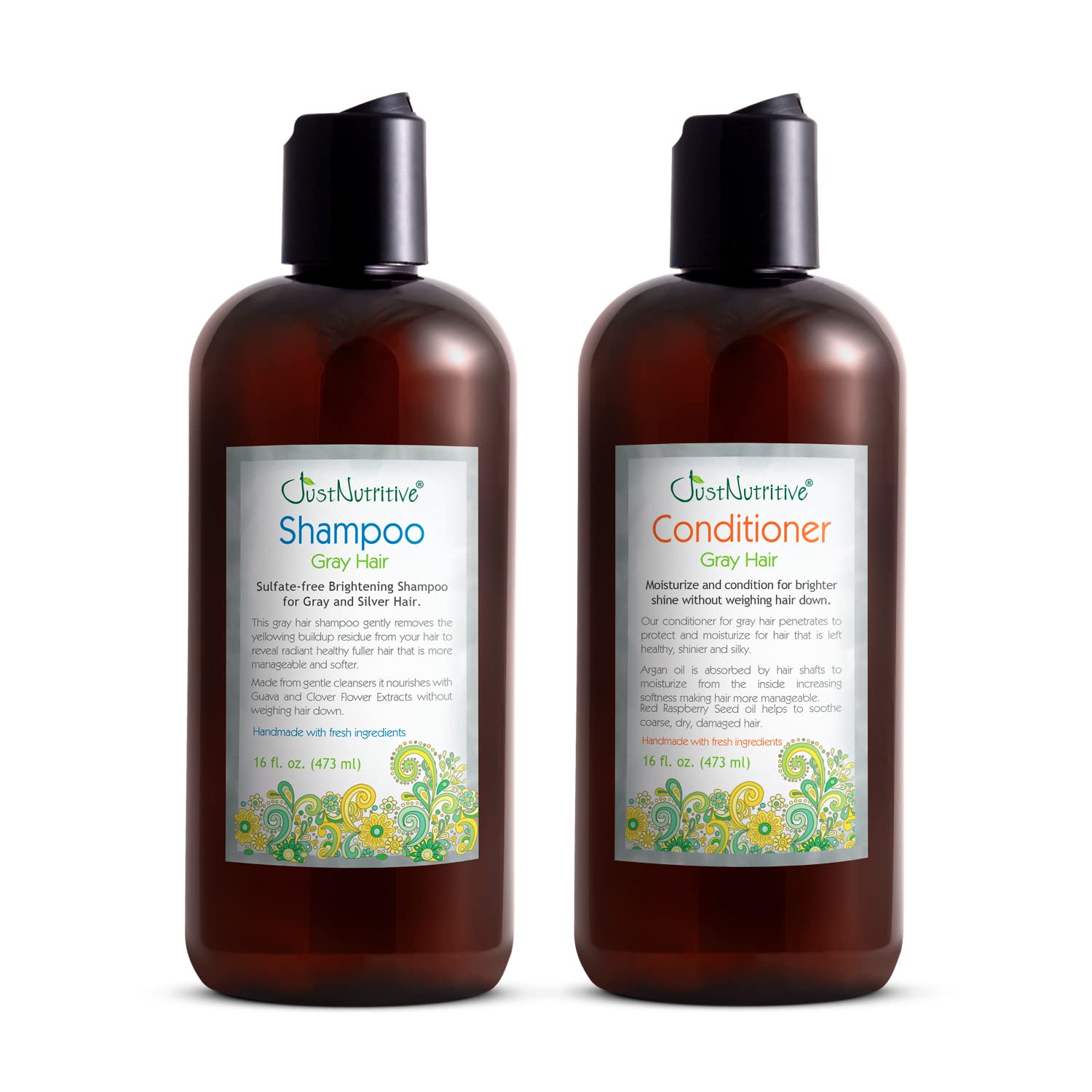 Just Nutritive Gray Hair Shampoo and Conditioner Set for Gray Hair Kit, Natural Shampoo and Conditioner for Gray Hair Bundle, 16 oz Each Product