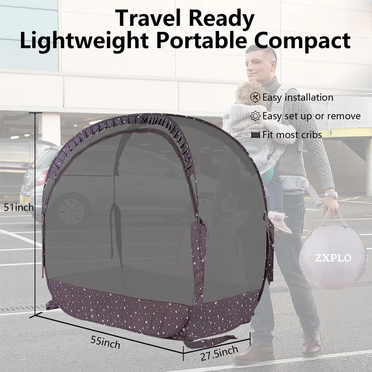 ZXPLO Baby Safety Crib Tent Infant Pop up Mosquito Net Nursery Bed Canopy Netting Cover - Keep Baby from Climbing Out with Hanging Diaper Storage Bag (Dark Gray)
