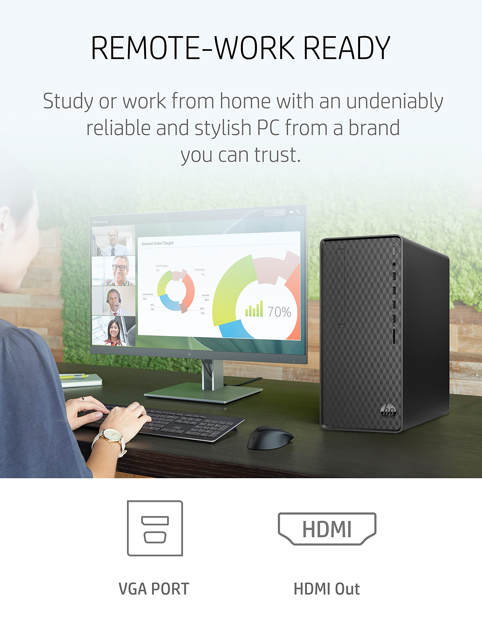 HP Desktop PC, Intel Pentium Gold G6400 Processor, 8 GB of RAM, 256 GB SSD Storage, Windows 10 Home, High-Speed Performance Computer, 8 USB Ports, Business, Study, Videos, & Gaming (M01-F1014, 2020)