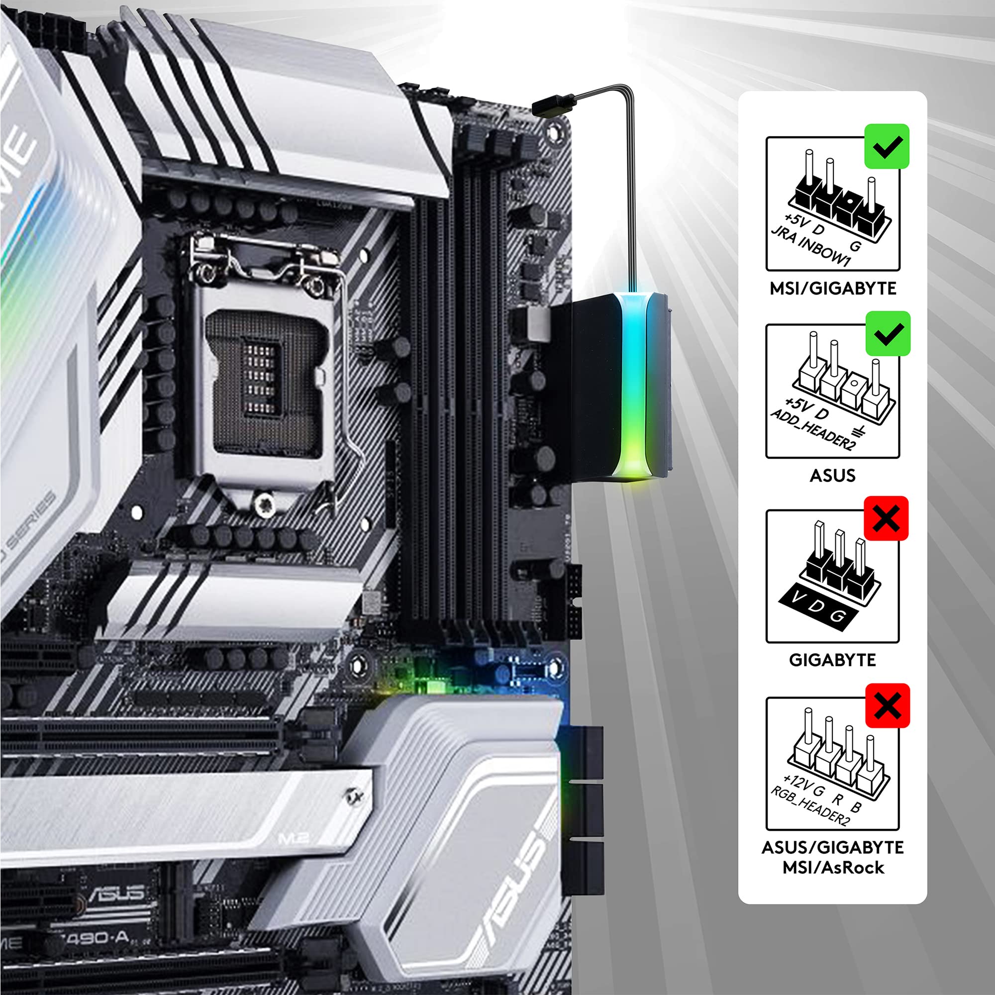 EZDIY-FAB ATX 24-pin 90 Degree Power Connector 5V 3 Pin ARGB Rainbow Female to Male Power Supply/Power Adapter for Computer Motherboard -1 Pack