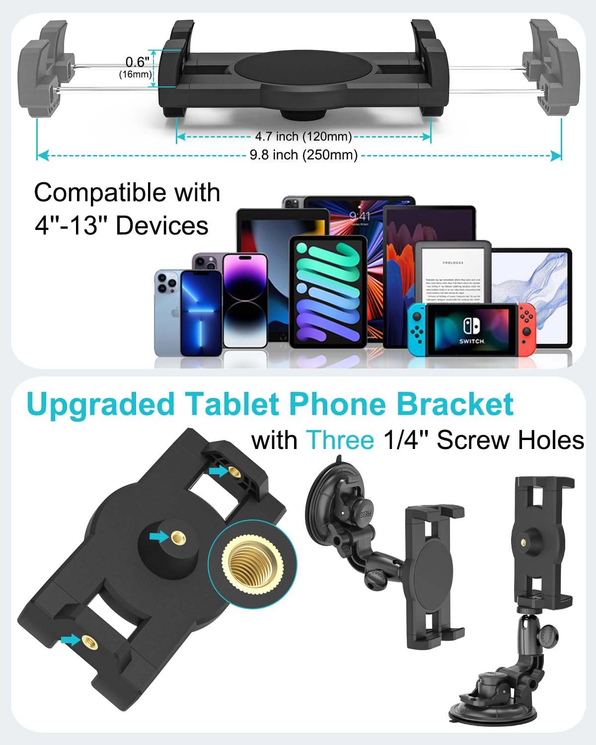 Aozcu Windshield Car Tablet Mount, Window Dashboard Tablet Holder, 95mm Powerful Suction Mount with 1/4'' Screw Tip for iPad Pro 11/ Air/Mini, Galaxy Tabs, More 4-13'' Phone & Tablets, and Camera