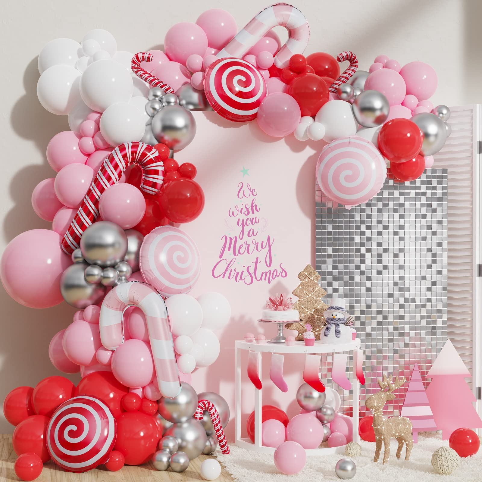140Pcs Christmas Balloon Garland Arch Kit - Red Pink Candy Cane Balloons Sweet Lollipop Foil Balloon for Christmas New Year Birthday Xmas Holiday Party Decorations