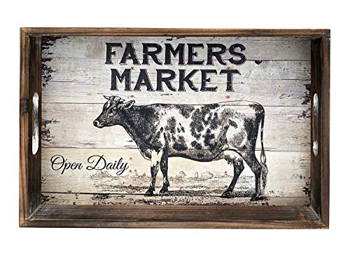 DeliDecor Large Decorative Serving Trays with Handle, Set of 3 Nesting Rustic Wooden Organizer Distressed Farmers Market Farmhouse Decor with Cow Pattern, Coffee Food Platters, Open Daily 17"x12.5"