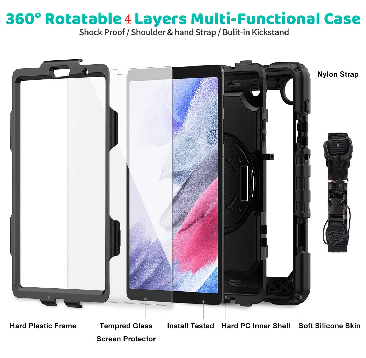 BLOSOMEET Case for Galaxy Tab A7 Lite 2021 8.7 Inch with Tempered Glass Screen Protector Pencil Holder, Kids Cover for Samsung Tablet A7 Lite SM-T225/T220/T227 with Hand Shoulder Strap Stand, Black