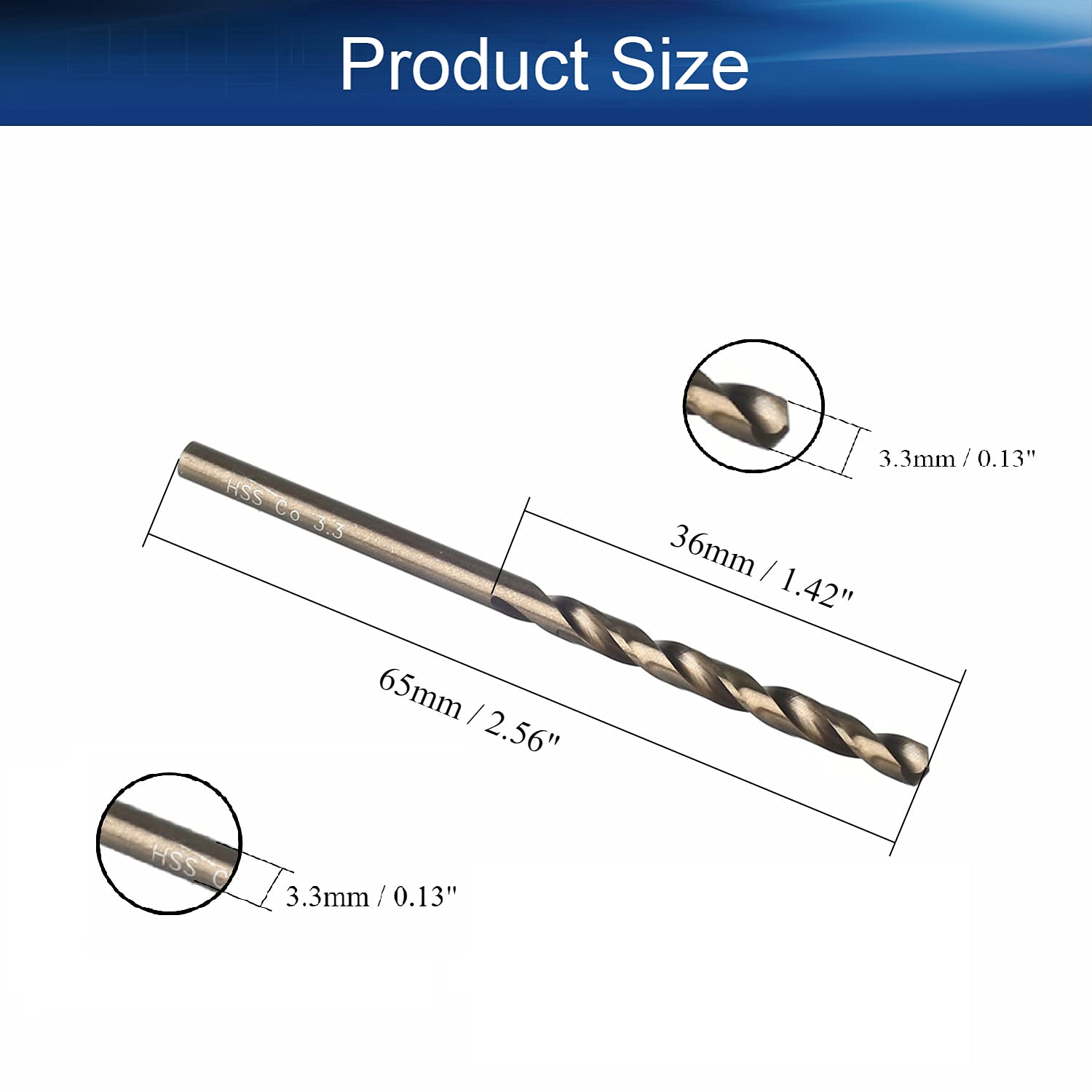 Auniwaig HSS M35 Straight Shank 3.3mm Dia Twist Drill Drilling Hole Bits for Steel Aluminum Alloy 5pcs