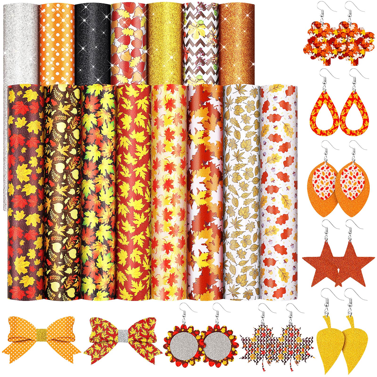 15 Pieces Thanksgiving Fall Faux Leather Sheets Glitter Autumn Leather Sheets Plant Leather Fabric Sheets Fall Leaves Faux Leather Fabrics for DIY Crafts Earrings Bag Decors(Classic Style)