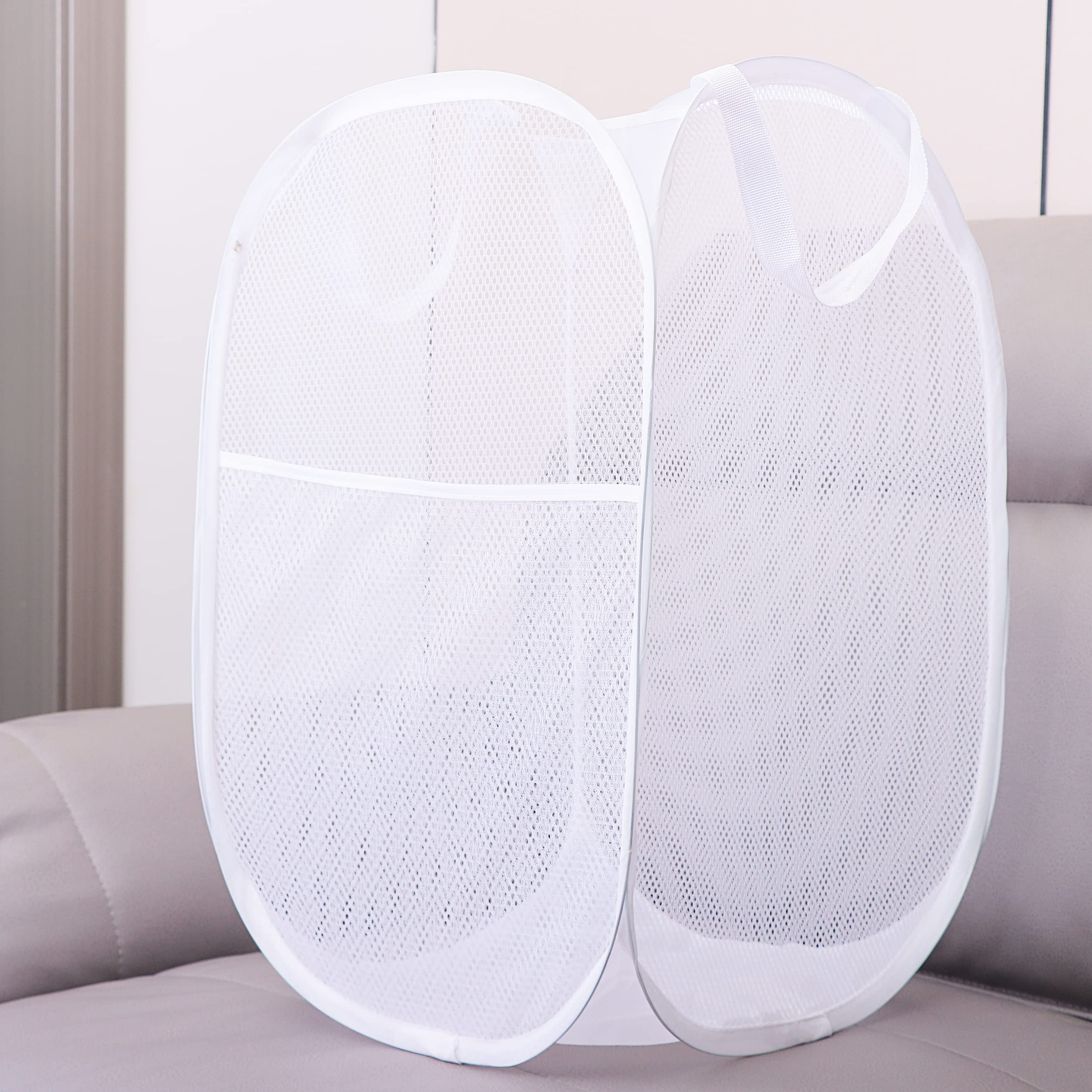 2 Pack Laundry Basket,Foldable Mesh Popup Laundry Hamper with Durable Handle,Easy to Open and Fold for Dorm, Laundry Room, Bedroom, RV(White+ White)…