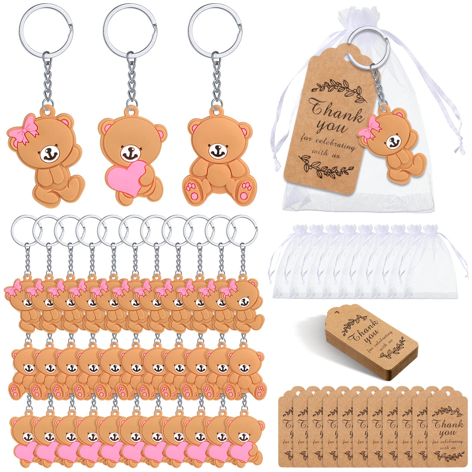 120 Pcs Bear Baby Shower Favors Bear Party Favors, Cute Bear Keychain with Organza Bags Thank You Kraft Tags and Rope for Guests Girls Boys Birthday Party Supplies Decorations (Pink, Cute)