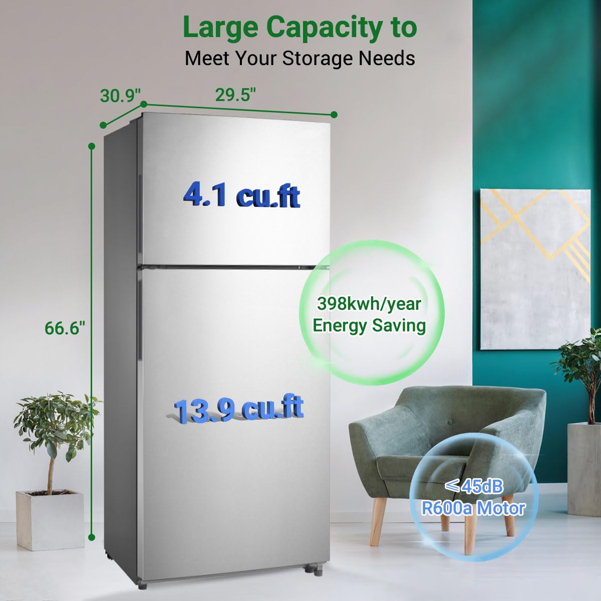 18 Cu. Ft. Full Size Refrigerator with freezer, 30" Top Freezer Refrigerator, Apartment Size Refrigerator with Reversible Door, Garage Ready Refrigerator Stainless Steel