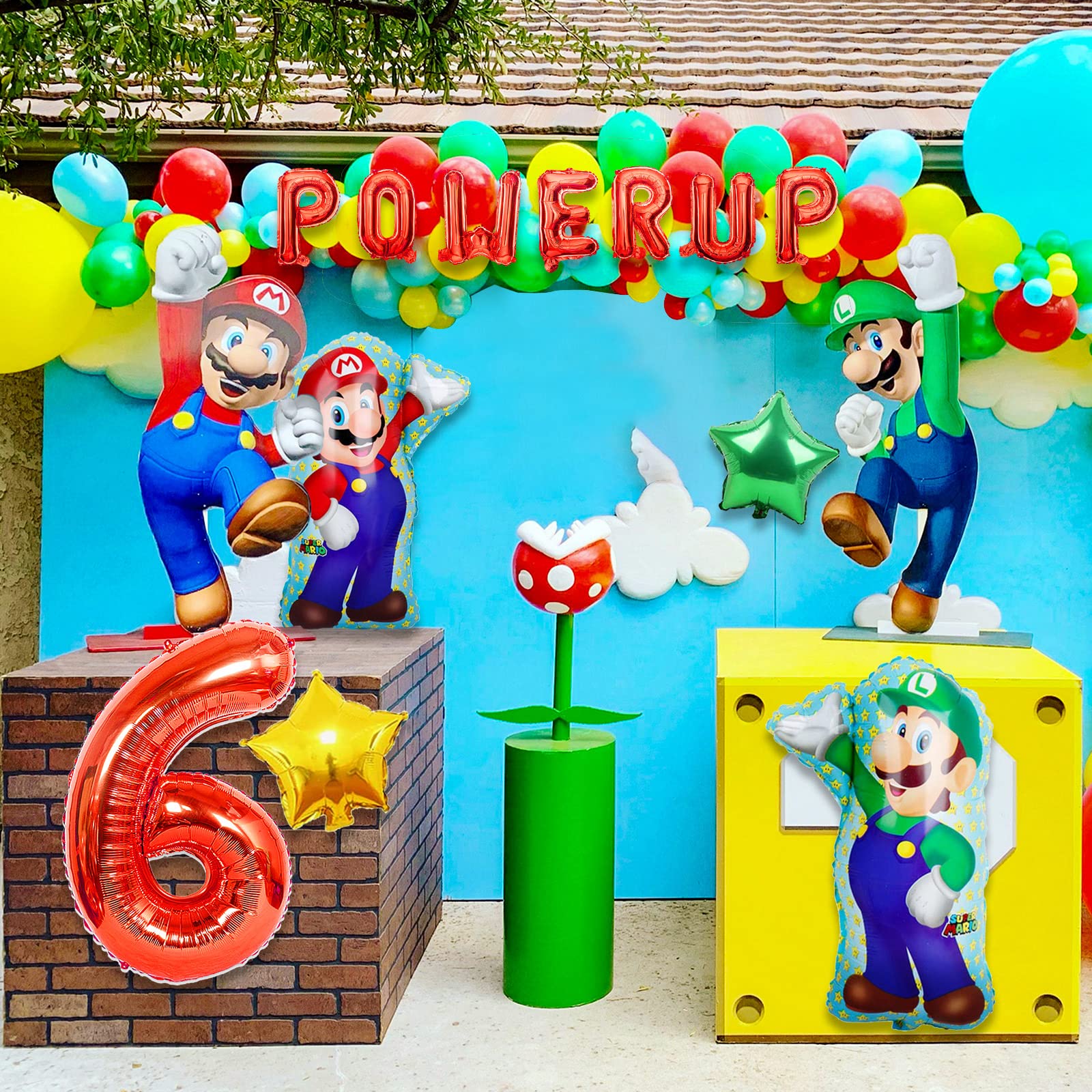 12 PCS Super Birthday Balloons Brothers theme Birthday Decoration with POWER UP Letter Balloons For Birthday Party (RED-06)