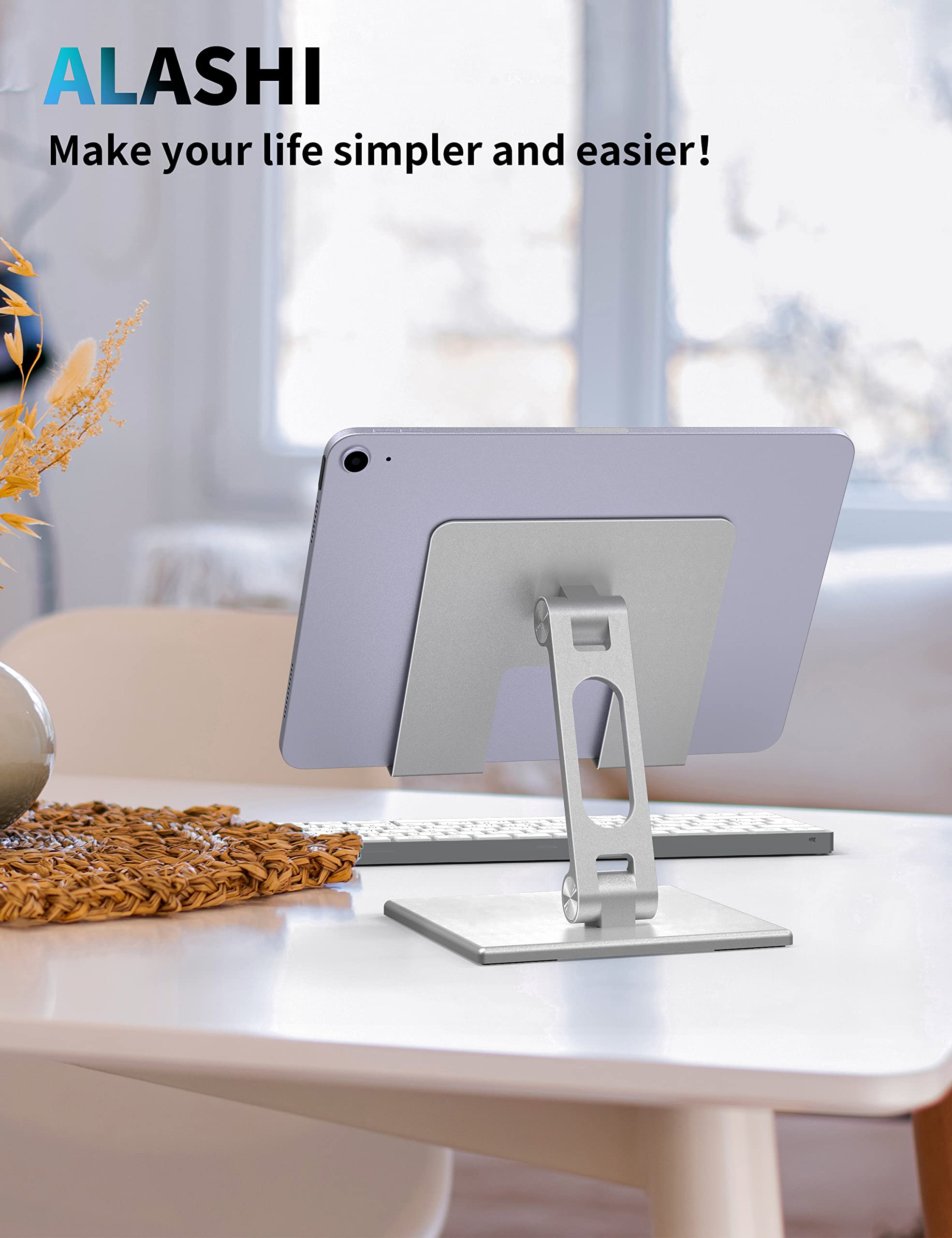 ALASHI Tablet Stand for Desk, Stable Holder with Heavy and Thickened Metal Base for Large Tablet Device, Multi-Angles Adjustable and Foldable, Universal Supports 4-13.3 Inches Tablet, Silver