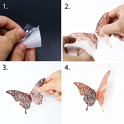 WALPLUS 52 Pcs Rose Gold Realistic 3D Butterfly Wall Decals Removable DIY Home Birthday Cakes Wedding Decorations Art Decor Wall Stickers Murals Nursery Baby Bedroom TV Background Living Room
