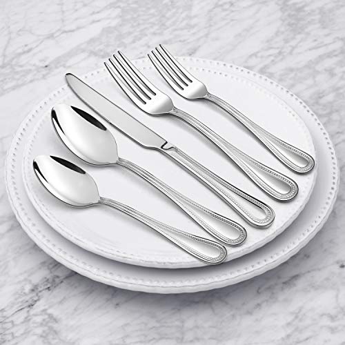 60-Piece Silverware Set, HaWare Stainless Steel Flatware Service for 12, Pearled Edge Tableware Cutlery Include Knife/Fork/Spoon, Beading Eating Utensil for Home, Mirror Polished, Dishwasher Safe
