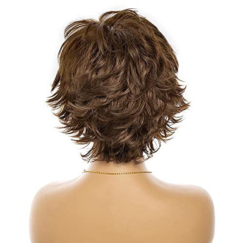 SENHORAS Short Hair Wigs for White Women Dark Brown Mixed Blonde Pixie Cut Wig with Bangs Brown with Highlights Wavy Synthetic Wig Natural Real Hair