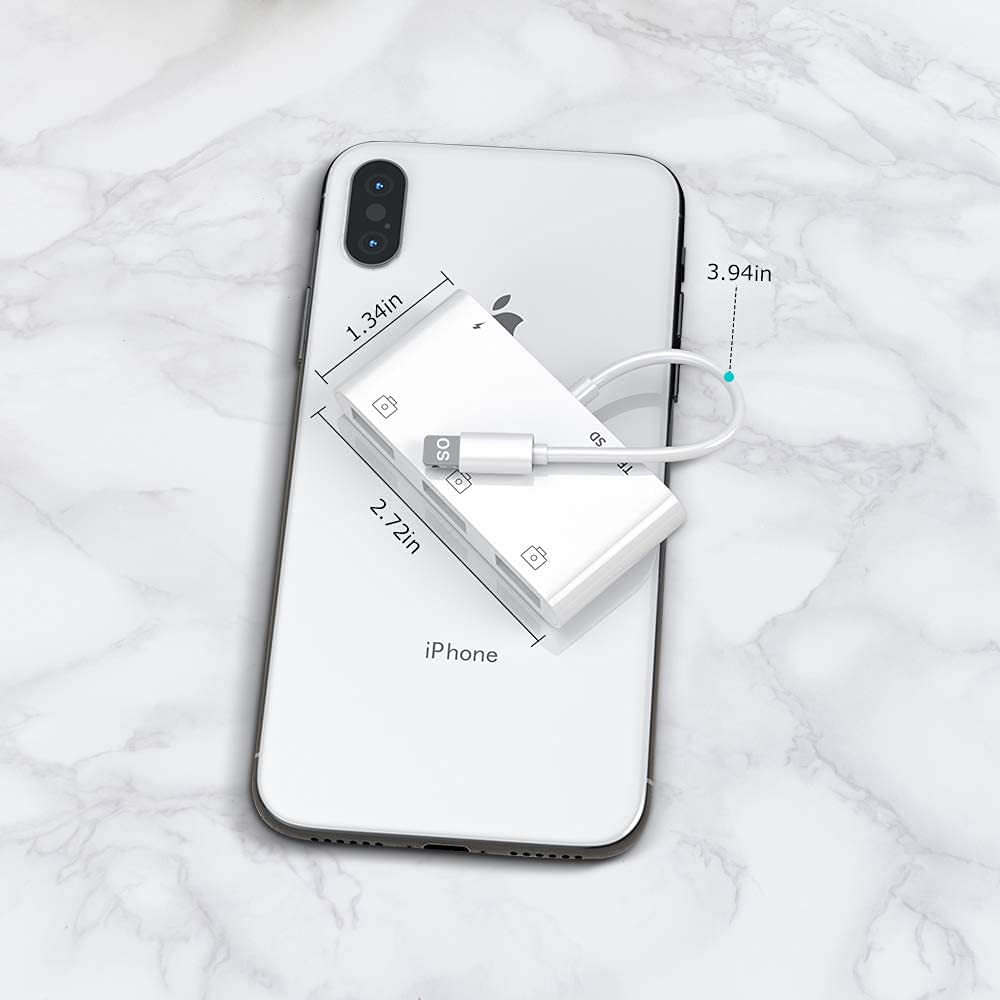 K-mate Compatible with iPhone/iPad to USB Adapter, 6 in 1 USB Camera to iPhone/ iPad Adapter with SD & TF Card Reader, Power Delivery, Compatible with iPhone/iPad/iPod and More USB Device White