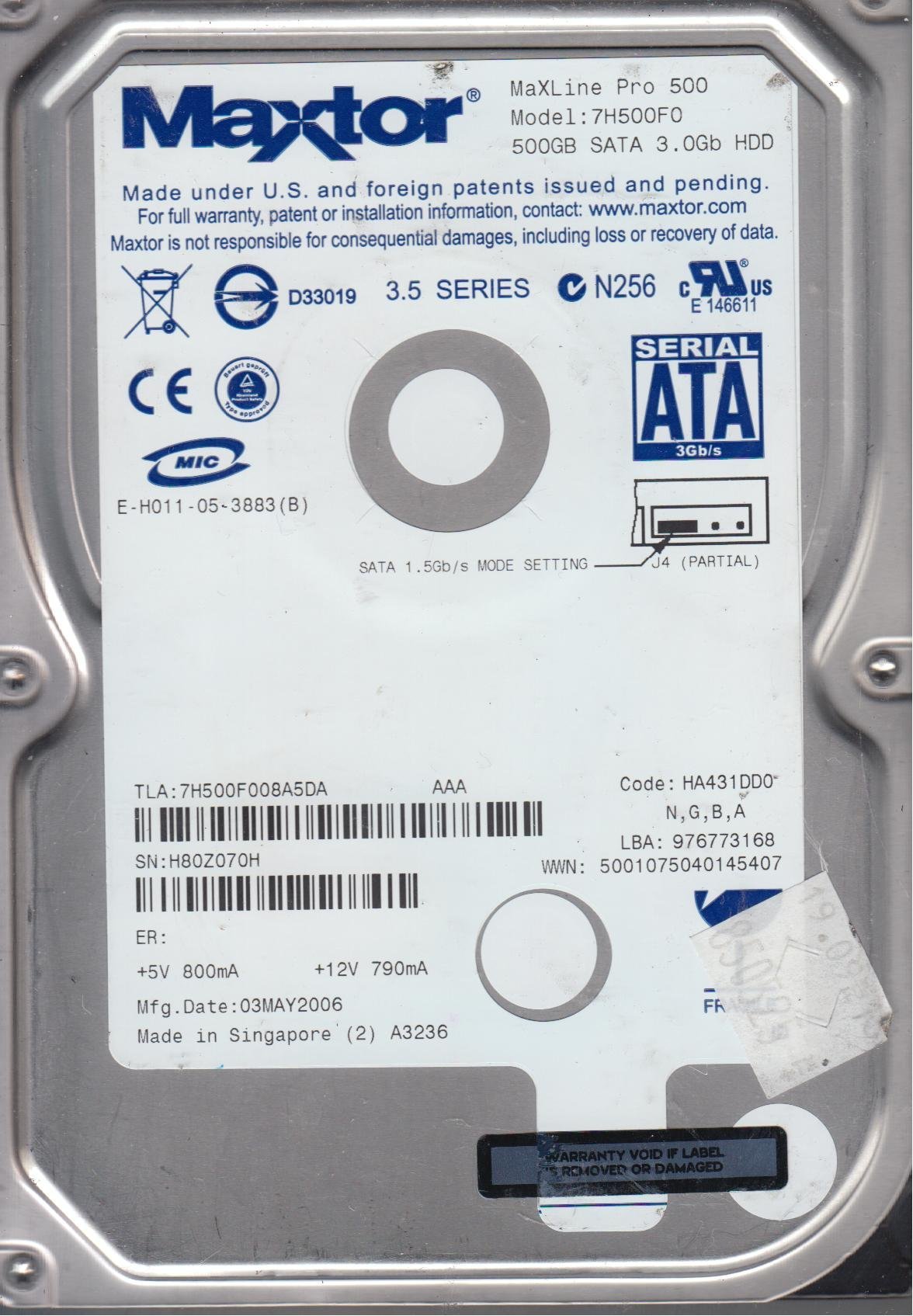 7H500F0, Code HA431DD0, NGBA, Maxtor 500GB SATA 3.5 Hard Drive
