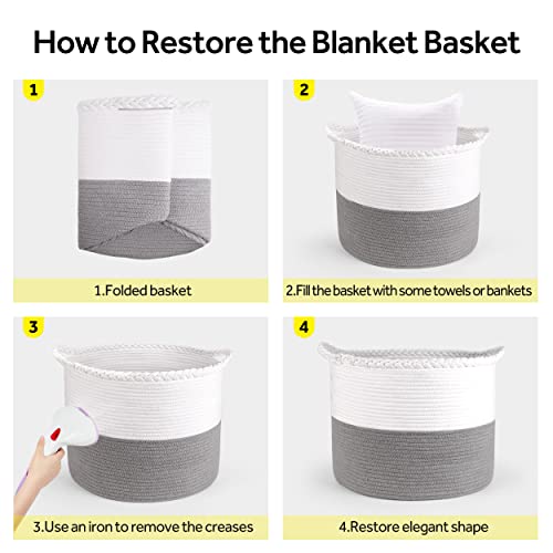 18 x 18 x 14'' Large Cotton Rope Storage Laundry Basket Woven Blanket Storage Basket Collapsible Storage Bins, Decorative Canvas Storage Baskets with Handle for Cloth Dog Toy Clothes Baby Pillows