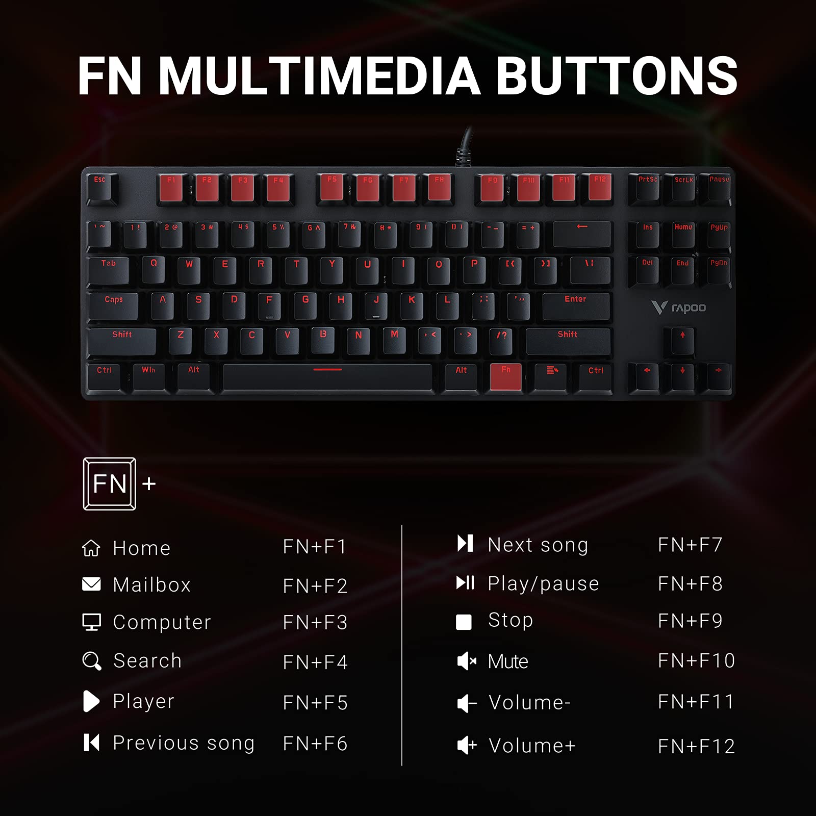 Mechanical Gaming Keyboard, RAPOO V500 Alloy Wired Keyboard with Black Switches for Game Players, Quick Response Gaming Keyboard, Anti-Ghosting Keyboard for Windows Gaming PC/Game Laptop, 87 Keys
