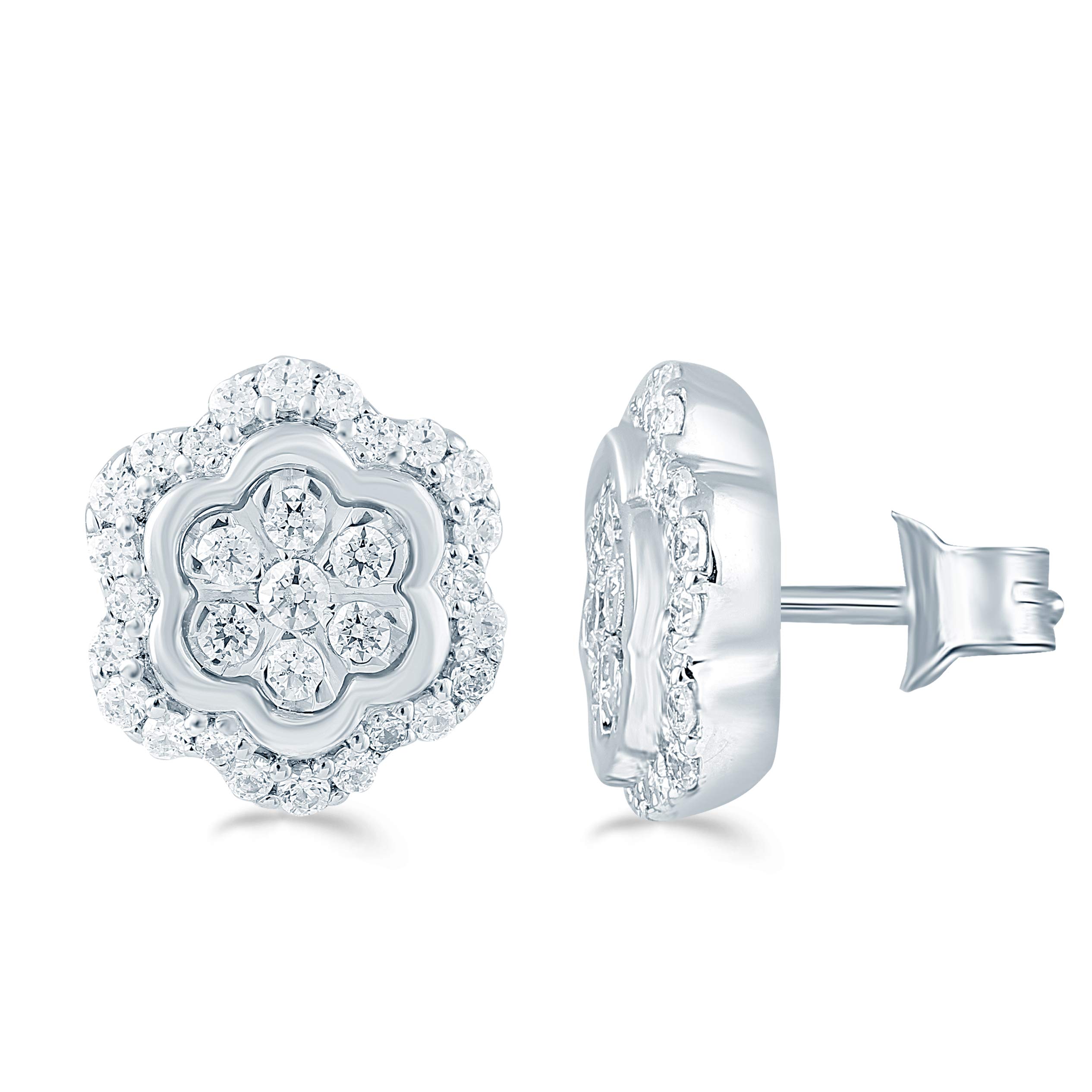 1/2Cttw Natural Diamond Cluster Stud Earrings Set in 925 Sterling Silver