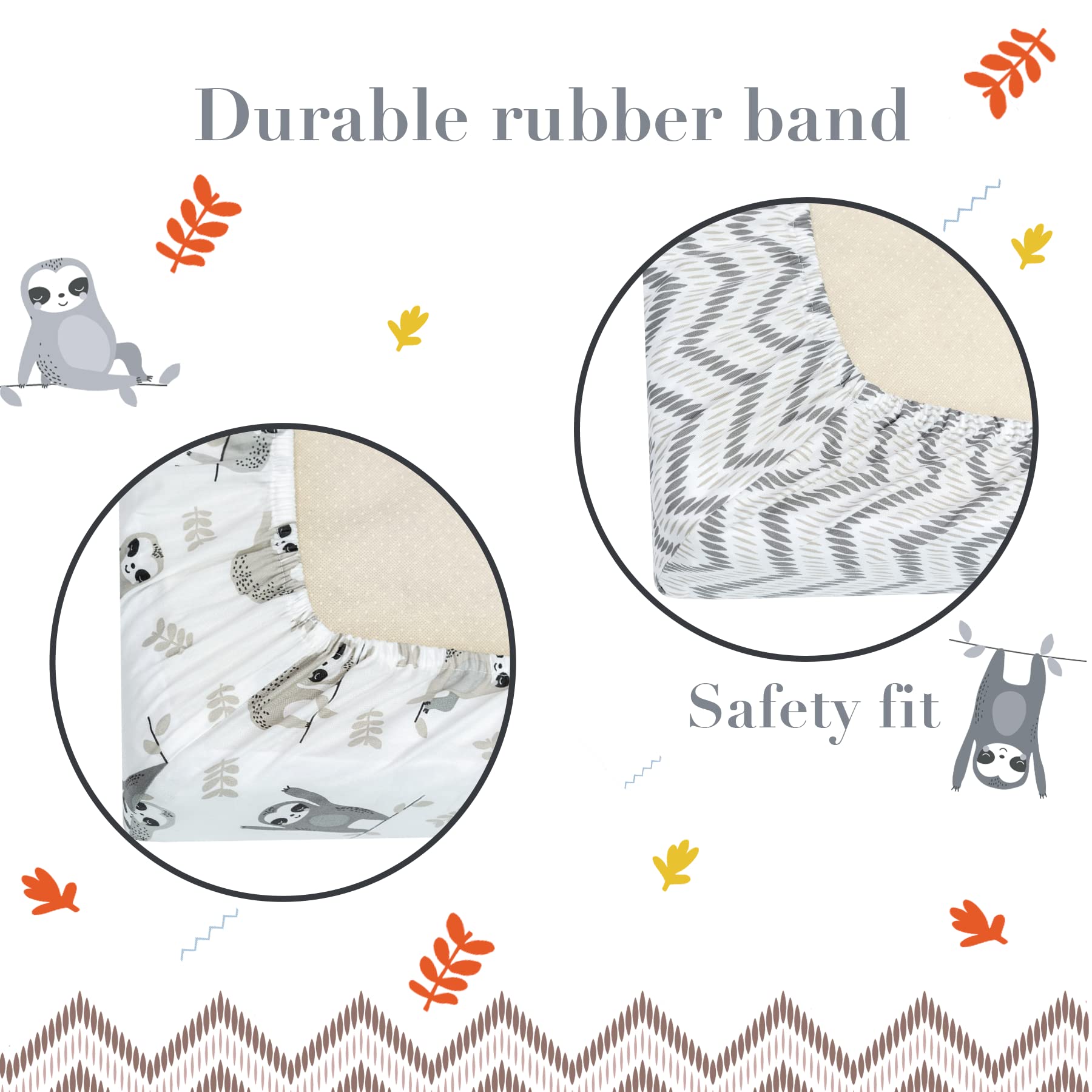 My Little Zone 100% Cotton Changing Pad Cover for Baby Boys and Girls, Chevron - Breathable Bassinet, Mini Crib Mattress Fitted Sheets - Little Sloth, 32"x16" with 8" Deep Pocket, White-Grey, 2 Pack