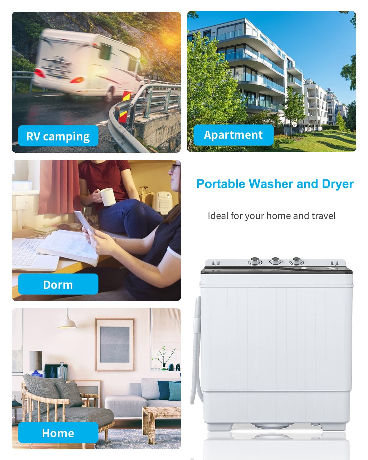 26Lbs Portable Washing Machine and Dryer, Twin Tub Portable Washer Dryer Combo with Drain Pump, Semi-Auto 18Lbs Washer Mini Laundry Machine with 10Lbs Spinner for Dorms, Apartments, RVs, Light Gray